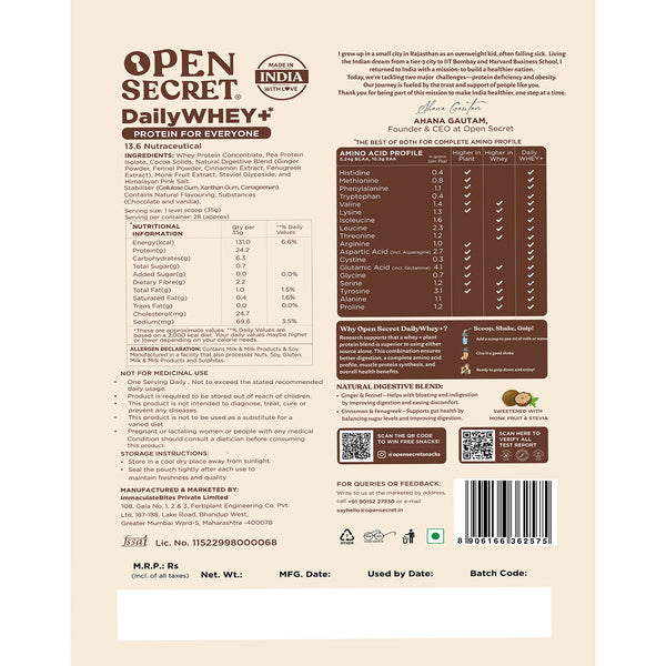 Open Secret DailyWHEY+ Power of Whey + Plant Protein | Double Chocolat